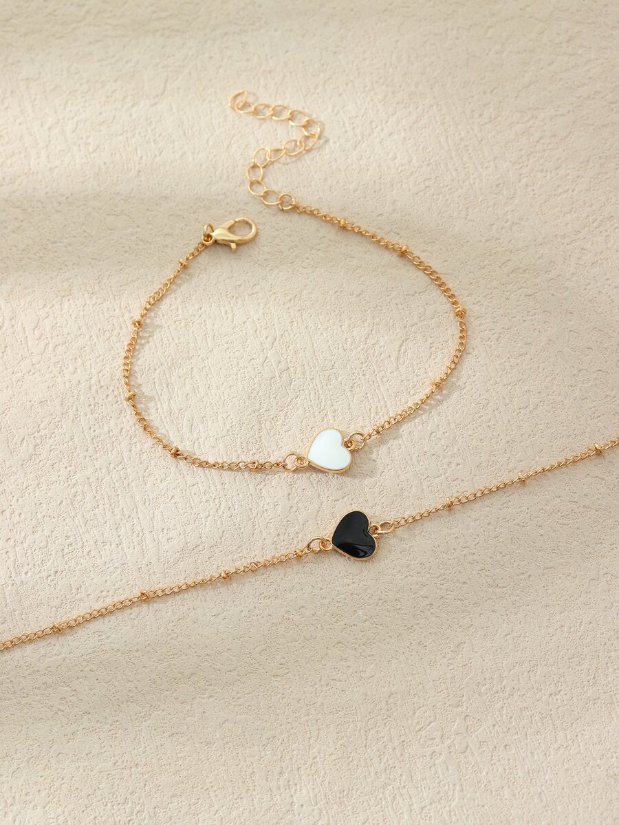 2pcs/set Black & White Heart Shape Friendship Bracelet For Women ...