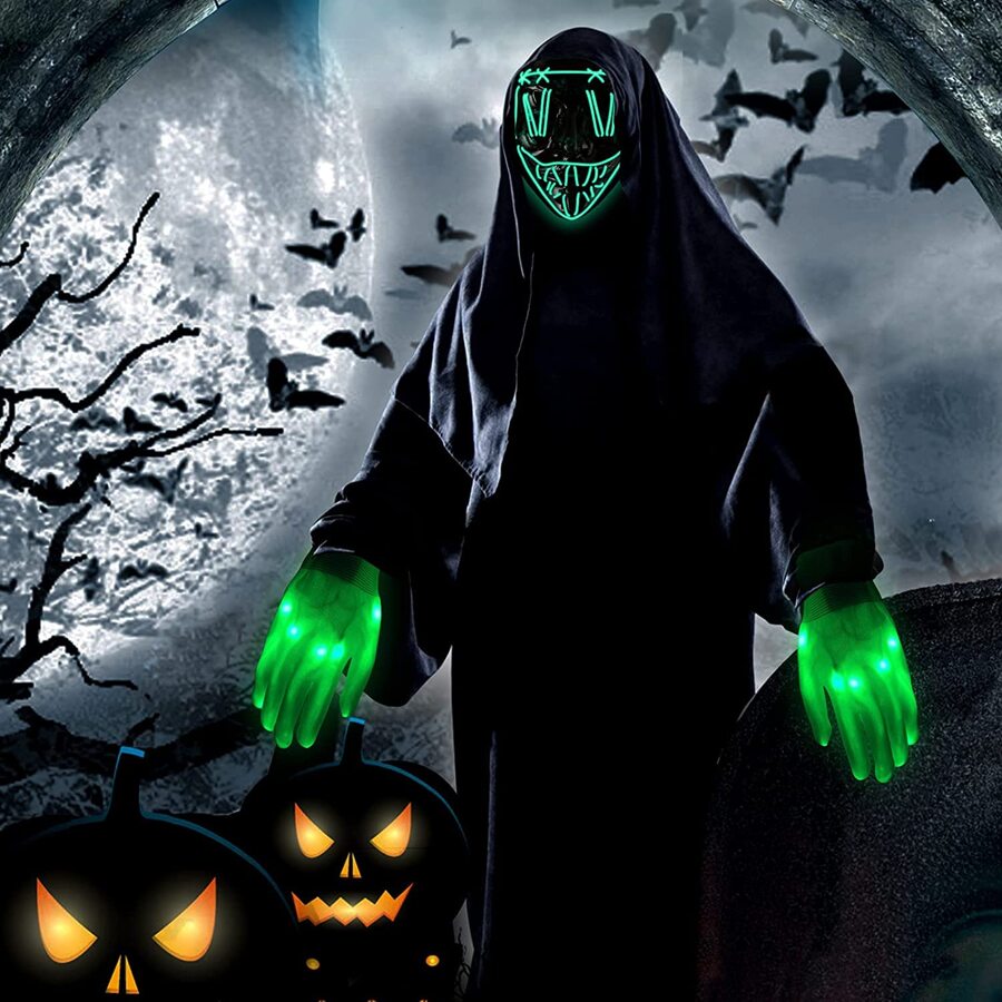 Halloween LED Mask Skeleton Gloves Set, Light Up Scary Purge Mask with ...