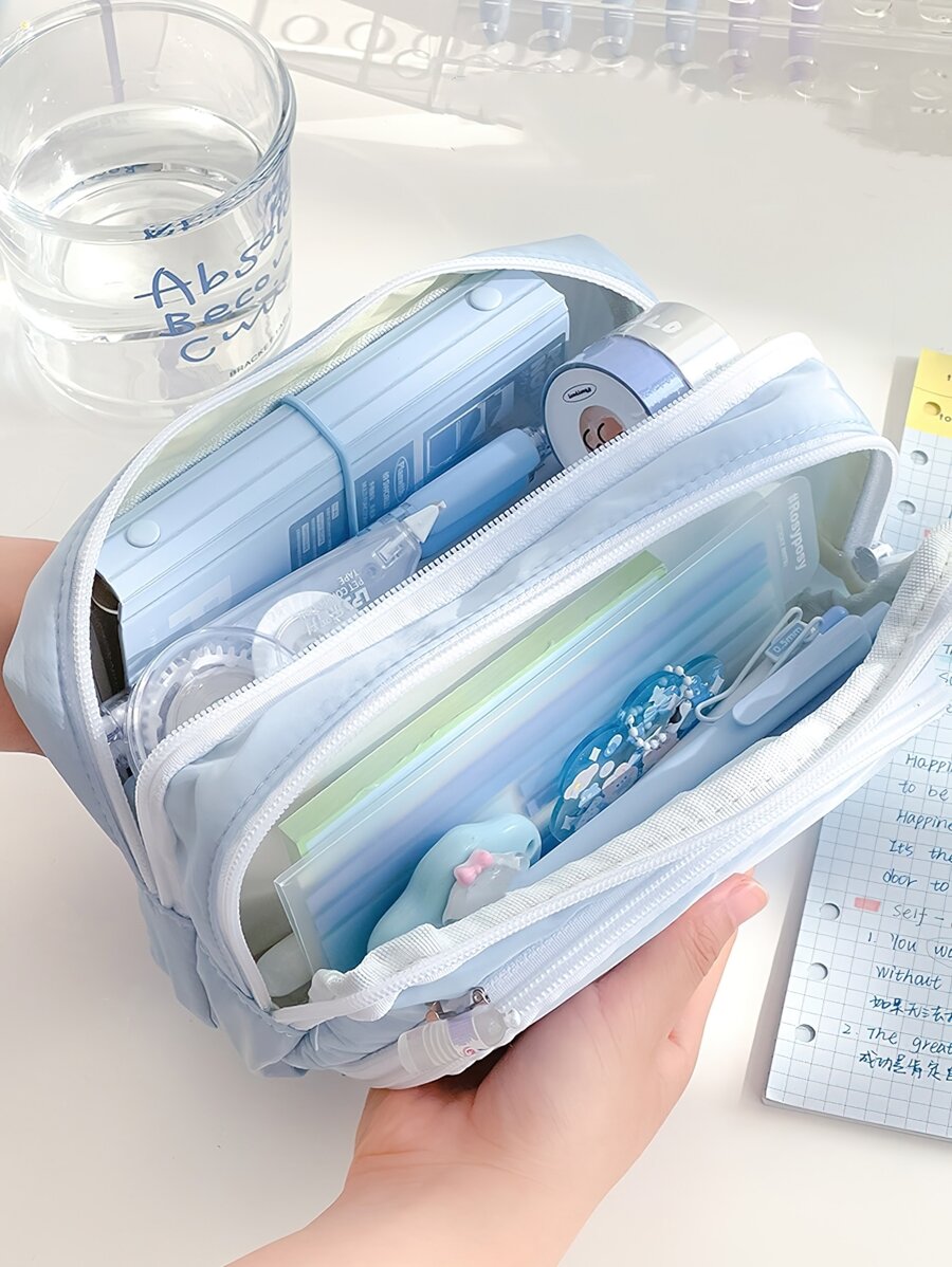 Summer Fresh Color Pencil Case Pen Bag Dual Layer Front Open Pocket ...