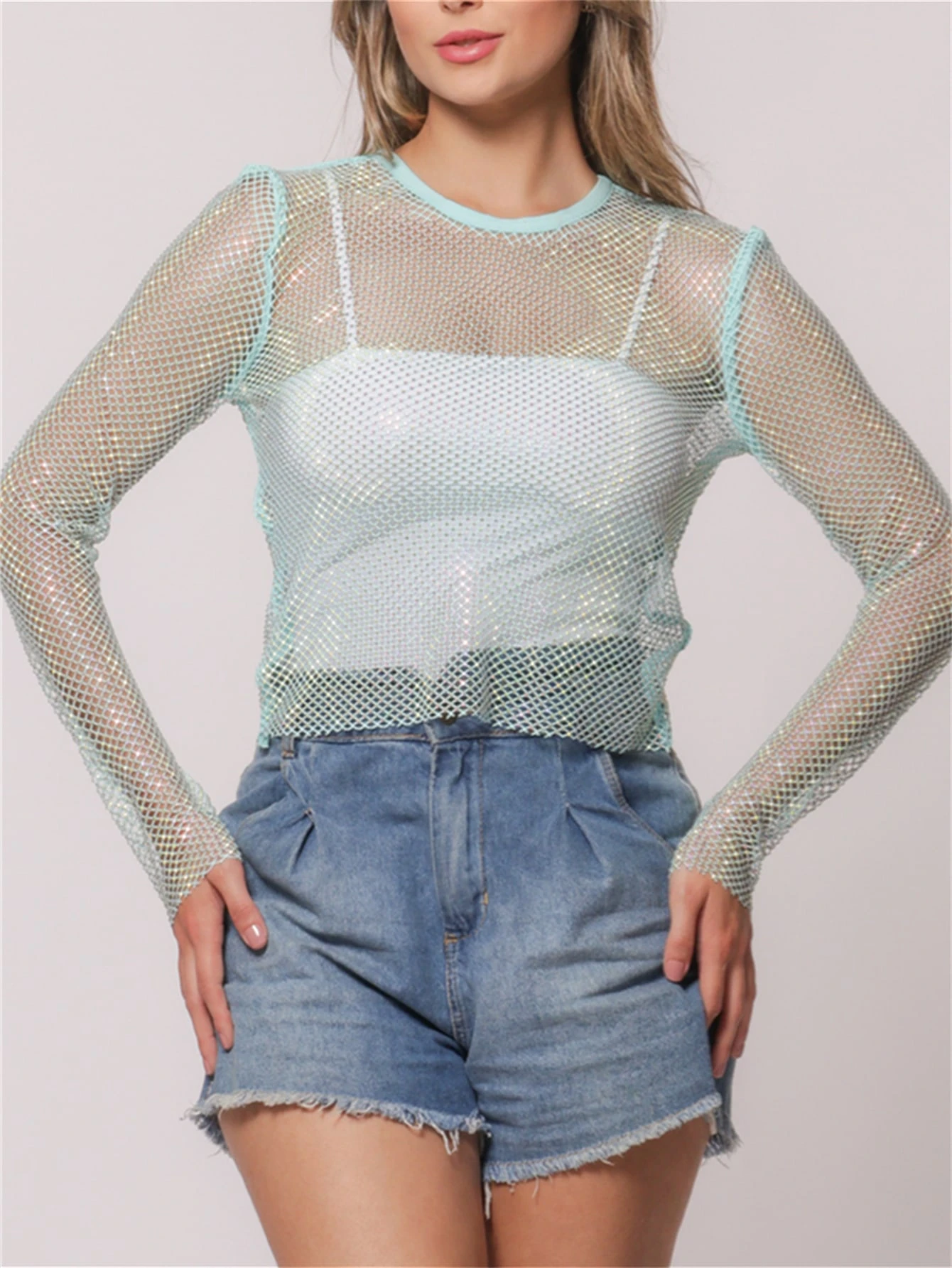 Blusa Metalizado Manga Longa com Strass Transparente e Brilho | SHEIN ...