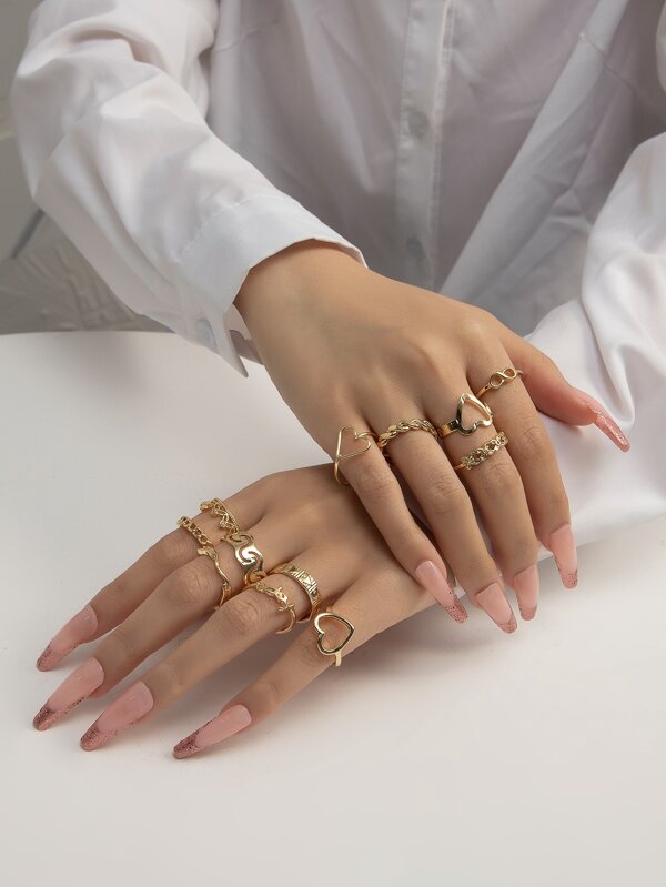 12pcs/set Mixed Shape Finger Ring Set With Wave, Flower, Eight, Heart ...