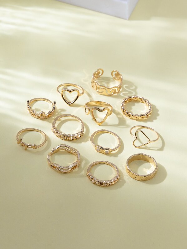 12pcs/set Mixed Shape Finger Ring Set With Wave, Flower, Eight, Heart ...
