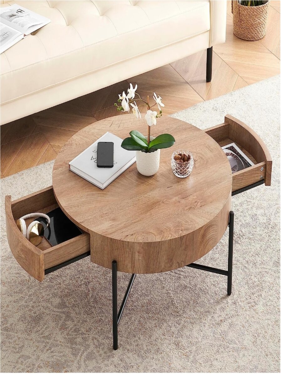 Farmhouse Round Coffee Table with Drawers - Solid Wood Round End Table ...