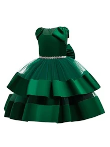 Girls' Sleeveless Tulle & Satin Puff Dress With Bow Decor On Back ...