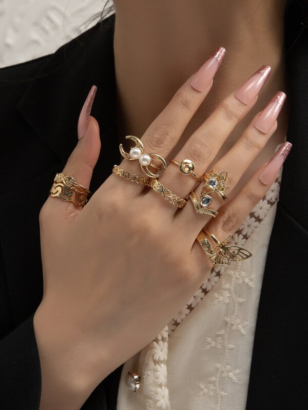 10pcs/set Delicate Finger Rings Pearls, Flowers, Hearts, Rhinestones ...