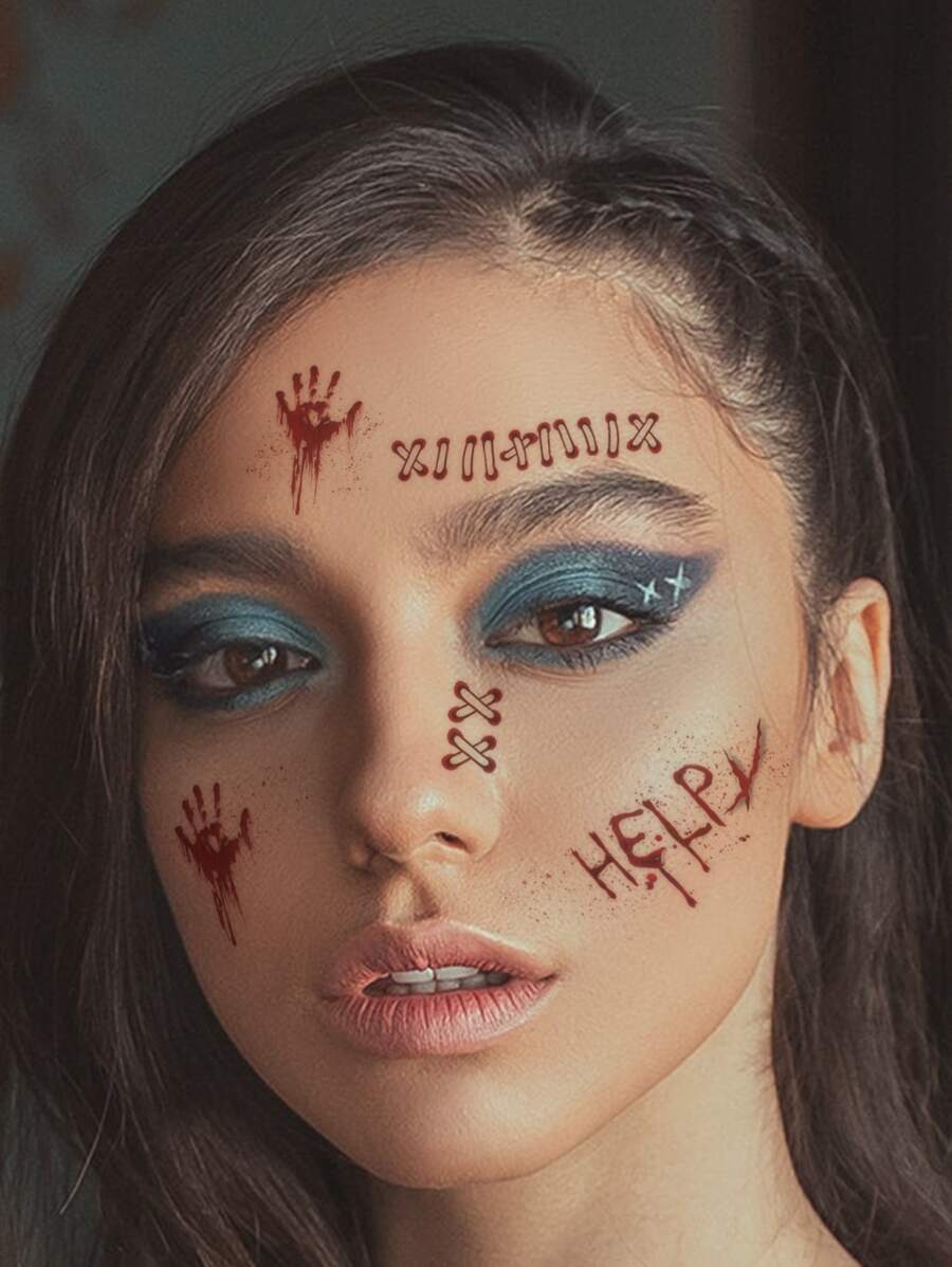 Halloween 1pc Red Handprint & Scars Pattern Face Body Temporary Tattoo ...