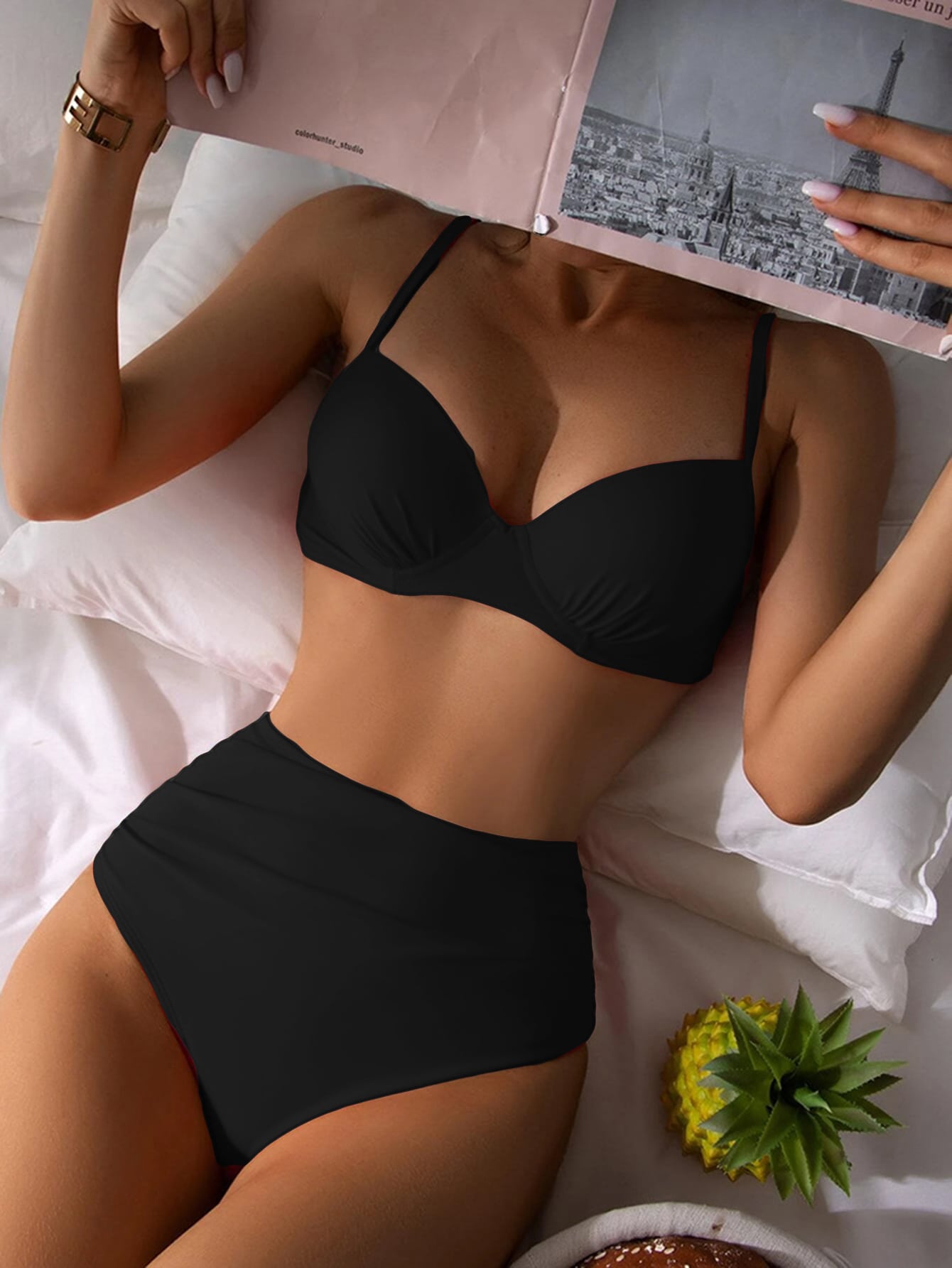 Solid Push Up High Waisted Bikini Swimsuit | SHEIN UK