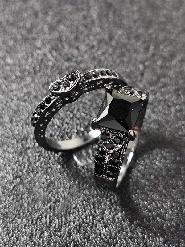 2pcs/set Cubic Zirconia Decor Couples Rings Engagement Rings Black ...