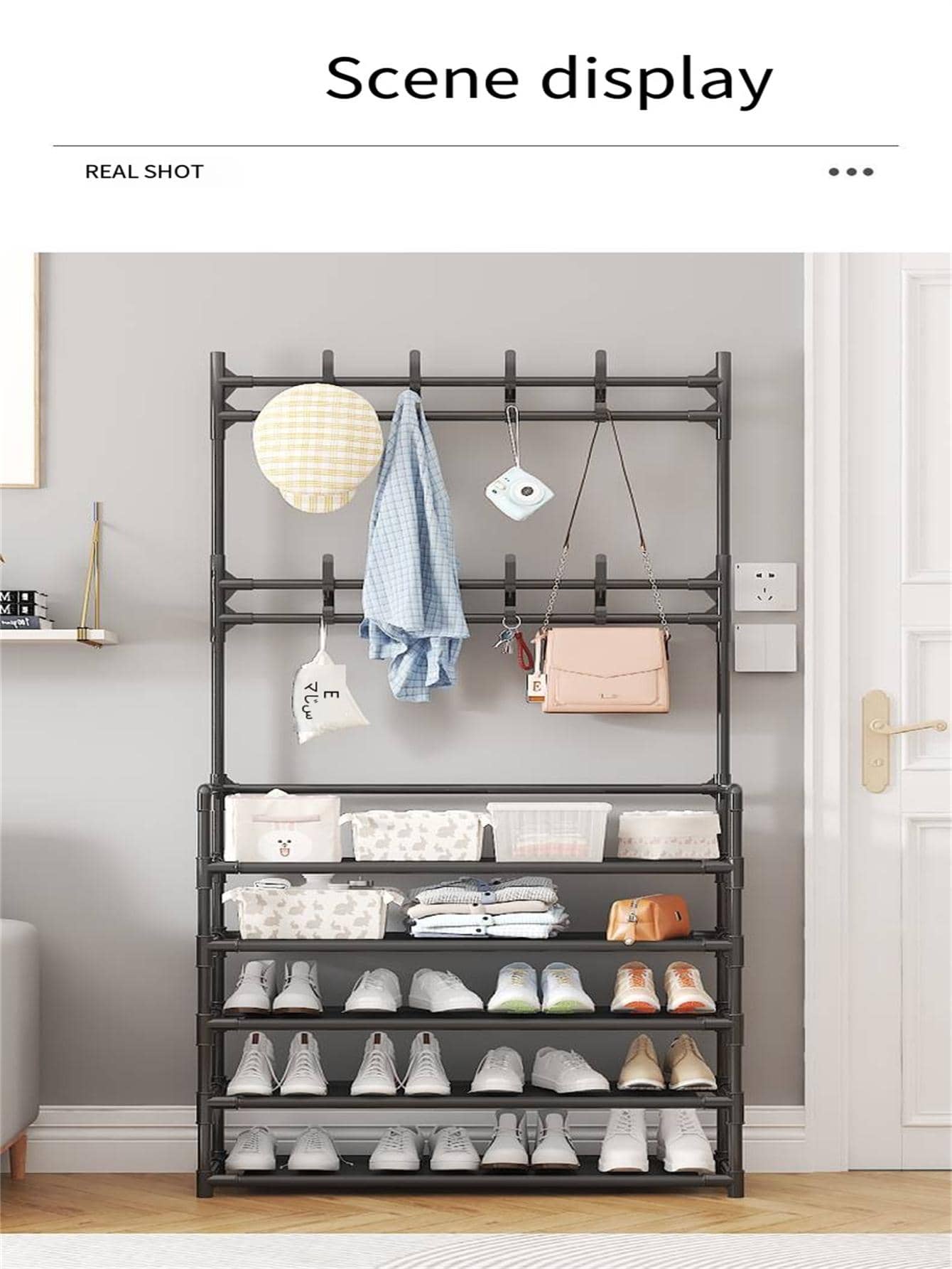 1pc Black Free-standing Coat, Hat And Shoe Stand With Storage Shelf For ...