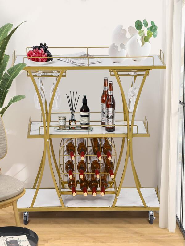 Gold Bar Cart with Wheels, 3 Tier Bar Serving Cart with Glass Holder ...