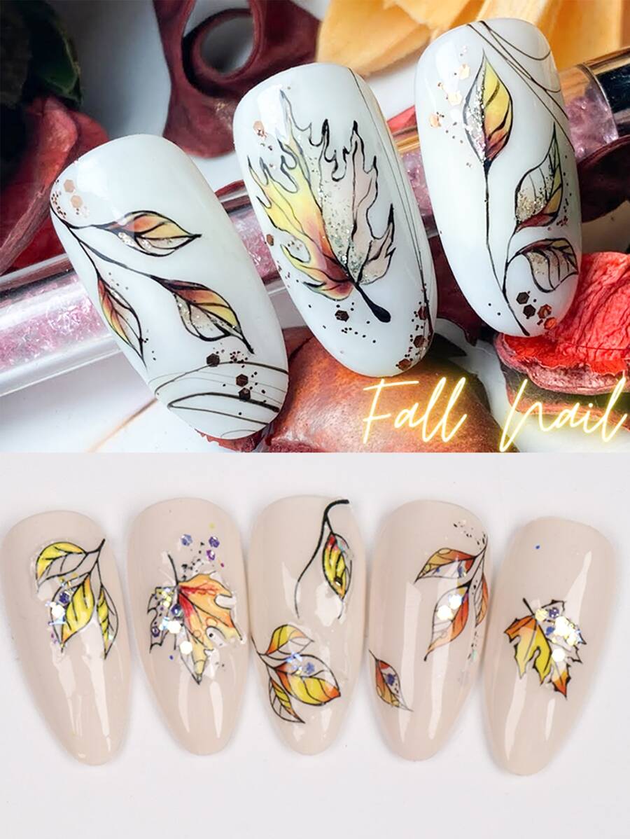 FULL BEAUTY 2pcs Fall Maple Leaves Nail Art Stickers Gradient Golden ...