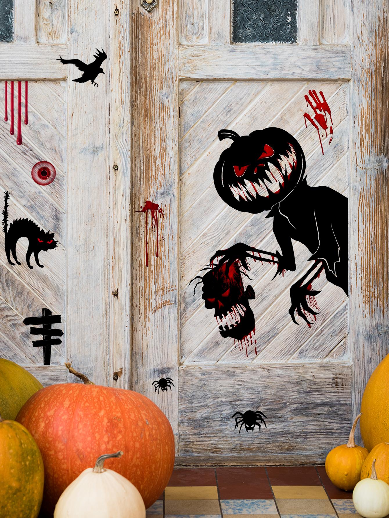 1pc Halloween Horror Decal With Ghost, Blood, Handprint, Black Cat ...