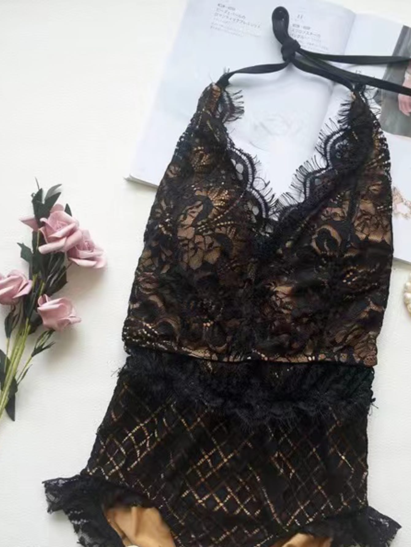 Eyelash Lace Halter Neck Backless One-Piece Swimsuit | SHEIN USA