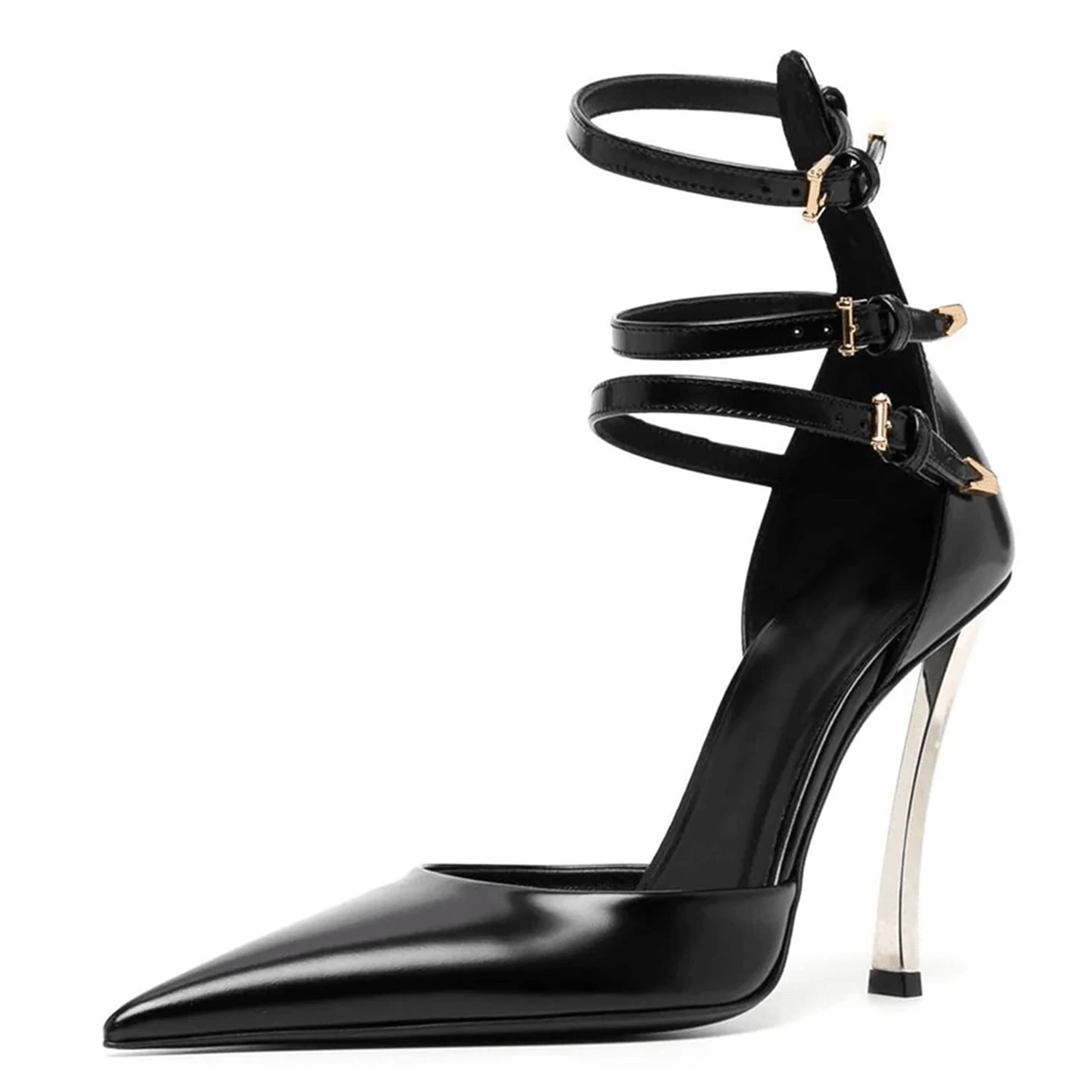 Womens Metal Heeled Stilettos Shoes Pointy Toe Triple Ankle Adjustable ...