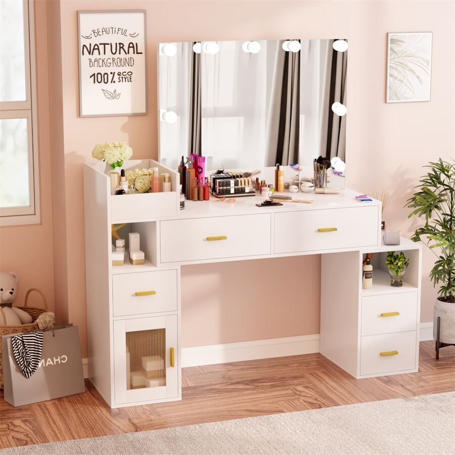 PAKASEPT Vanity Set With Lighted Mirror, Makeup Vanity With 3 Lighting ...