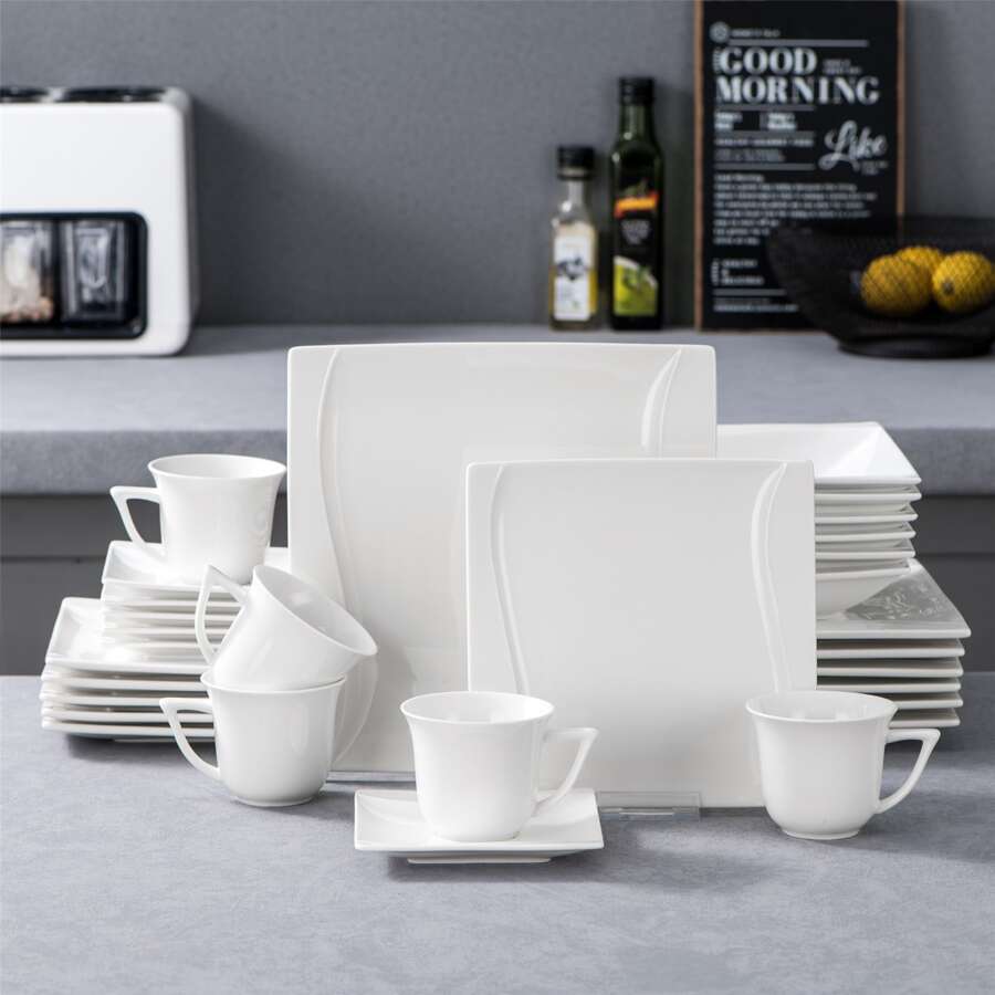 MALACASA Ivory White Dinnerware Sets, 30-Piece Porcelain Square ...