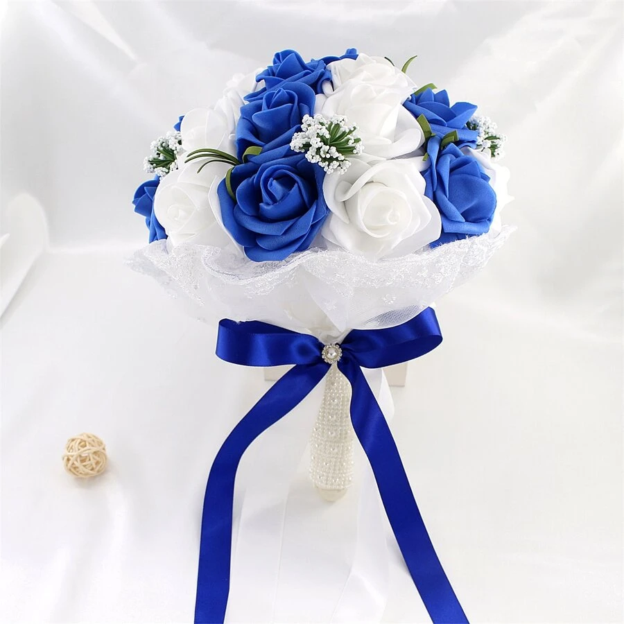 1 Bundle Blue & White Pe Foam Roses Bridal Bouquet With Pearls, Lace ...