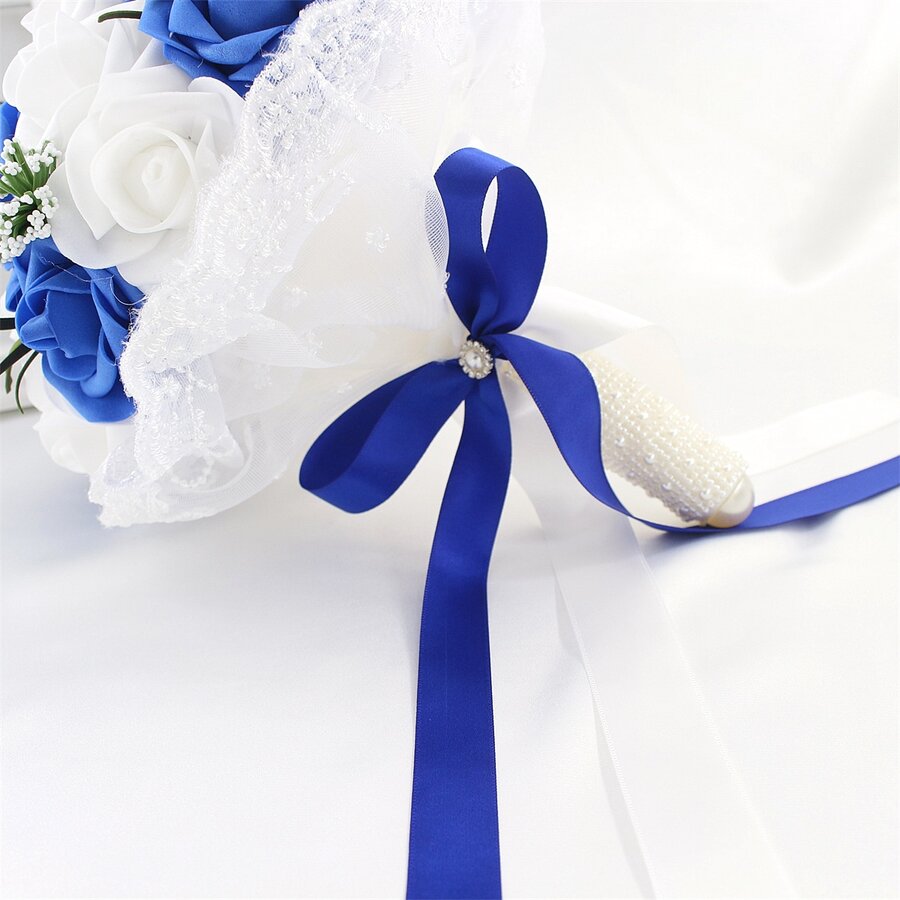 1 Bundle Blue & White Pe Foam Roses Bridal Bouquet With Pearls, Lace ...