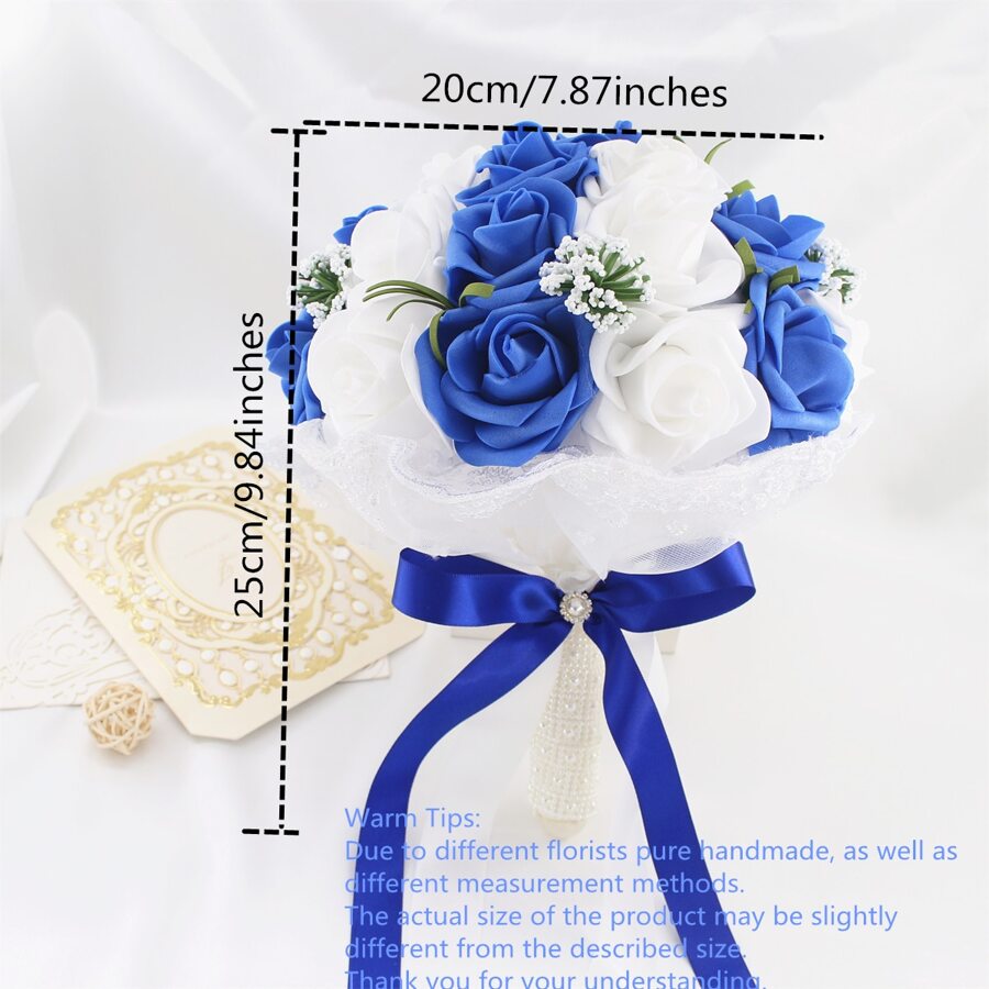 1 Bundle Blue & White Pe Foam Roses Bridal Bouquet With Pearls, Lace ...