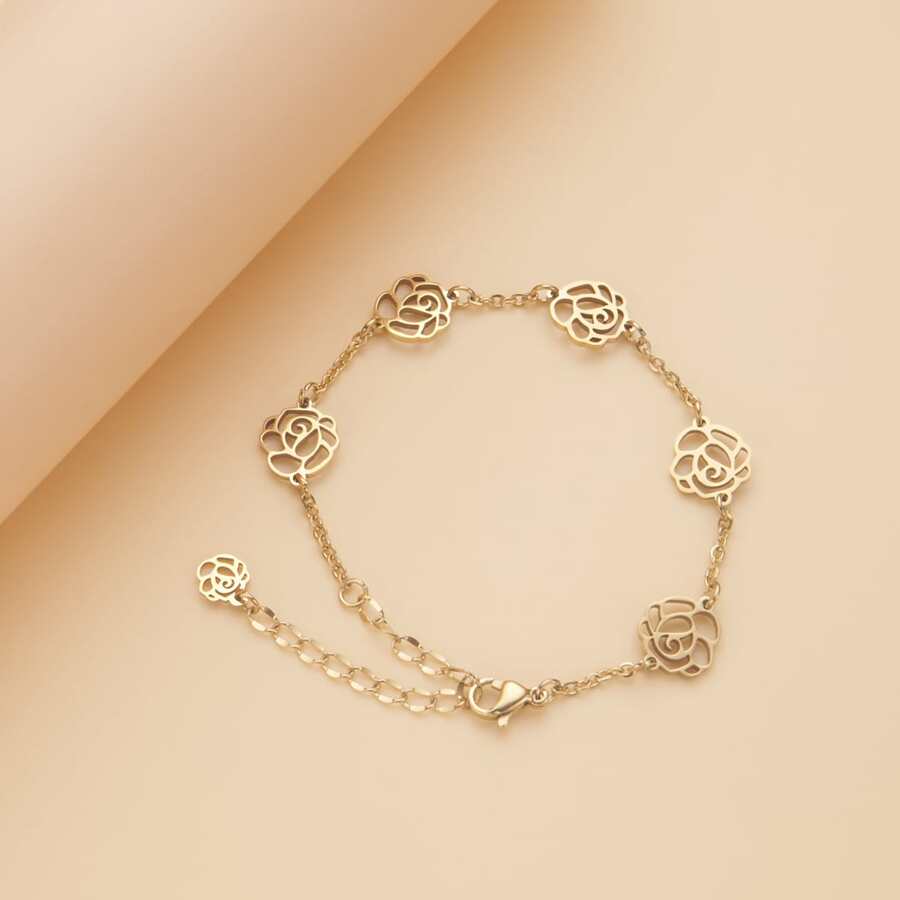 Stainless steel Gold Rose Flower Bracelet for Women, Yellow Gold Flower ...