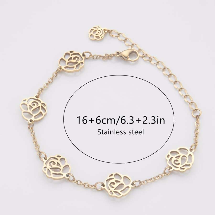 Stainless steel Gold Rose Flower Bracelet for Women, Yellow Gold Flower ...