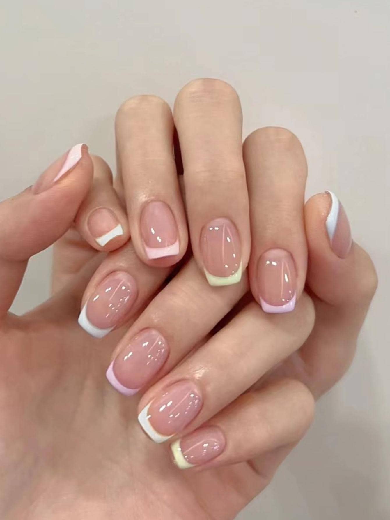 24pcs Fake Nails Multicolored French Flat Square Multicolor Rainbow ...