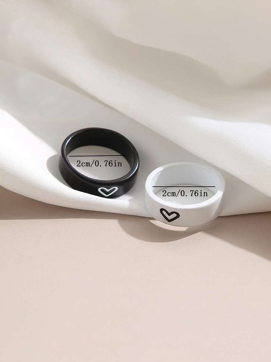 2pcs Simple Black & White Contrast Color Heart Shaped Ring Couple ...