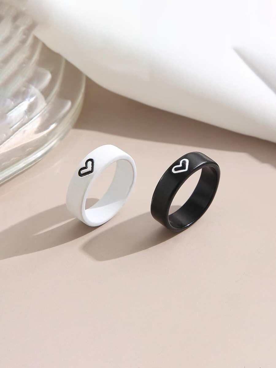 2pcs Simple Black & White Contrast Color Heart Shaped Ring Couple ...