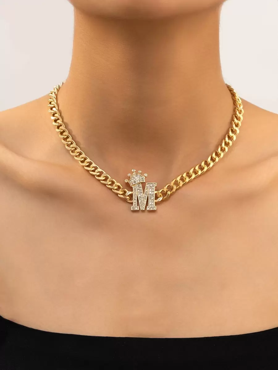 1pc Hip Hop Zinc Rhinestone Decor Letter Crown Pendant Necklace For ...