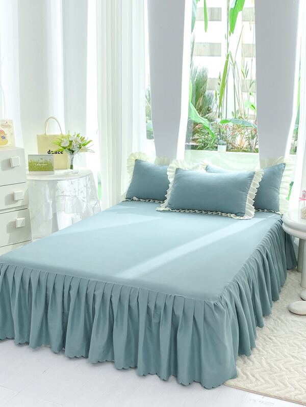 1pc Solid Color Bed Skirt With Breathable Lotus Leaf Hem For Princess