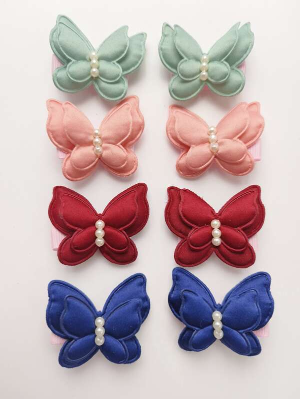 8pcs Girls' Hair Clips, Double-layered Cloth Design With Pearl & Bow Decoration, Sweet And Cute ...