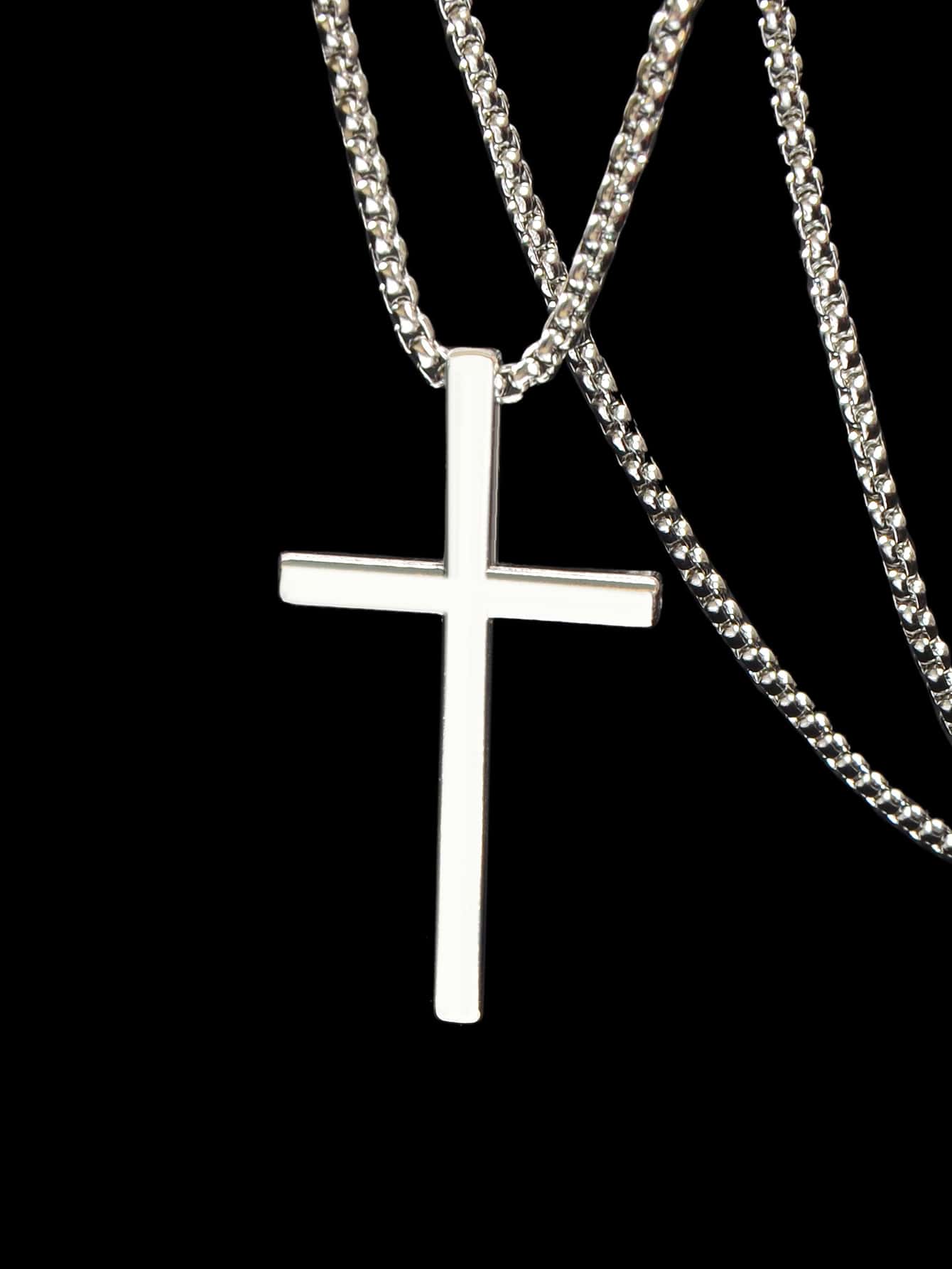 1pc Silver Titanium Steel Cross Men's Statement Pendant Necklace ...