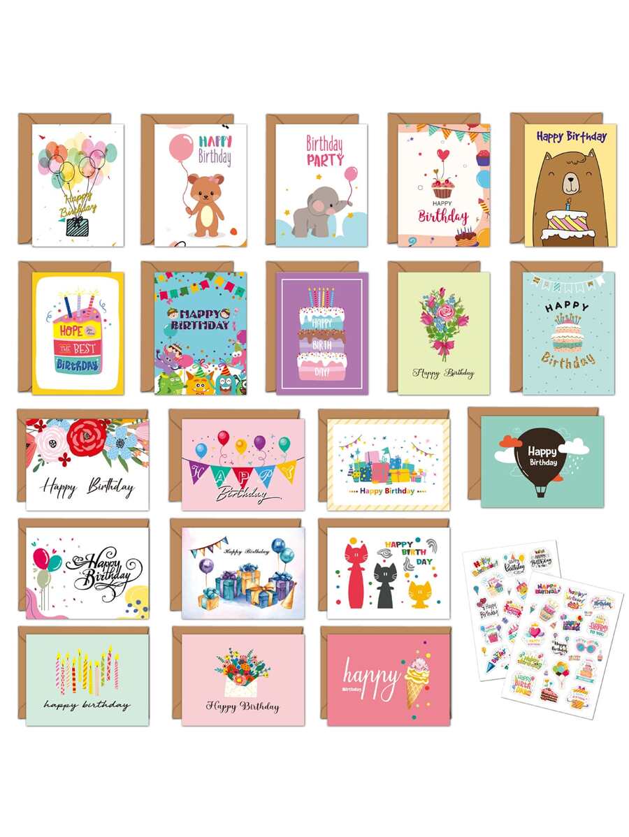 20pcs Happy Birthday Greeting Cards With Envelopes & Stickers Diy ...