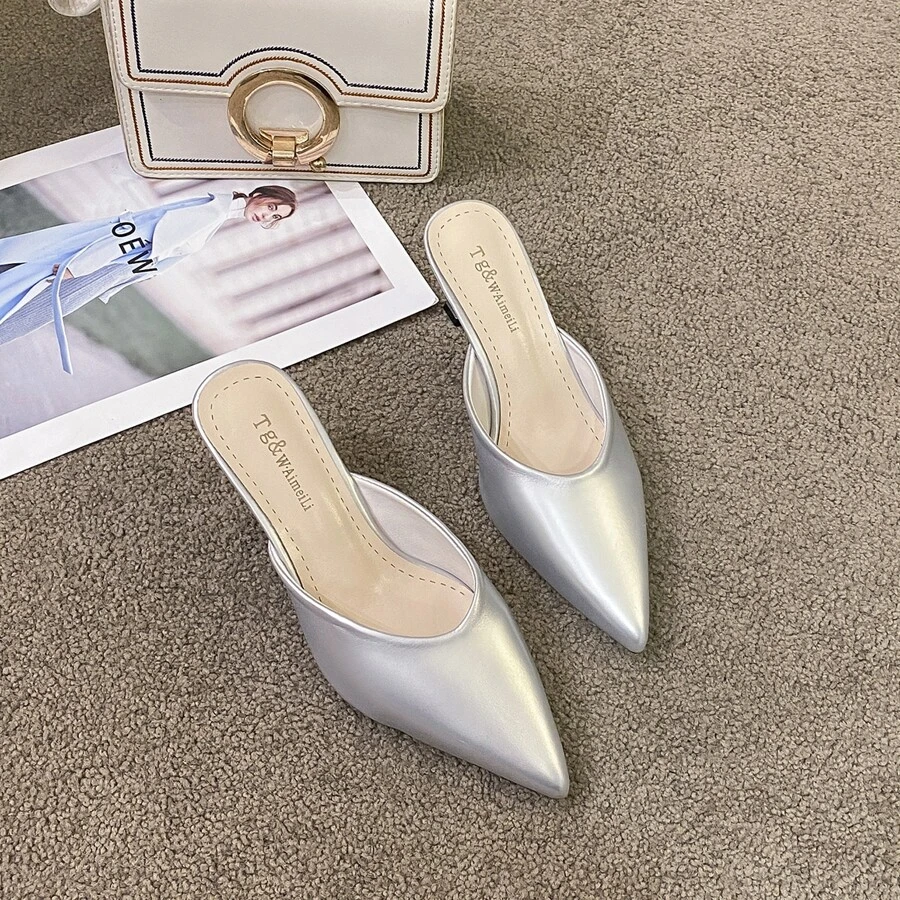 Women Point Toe Pyramid Heeled Mule Pumps, Glamorous Party Metallic ...