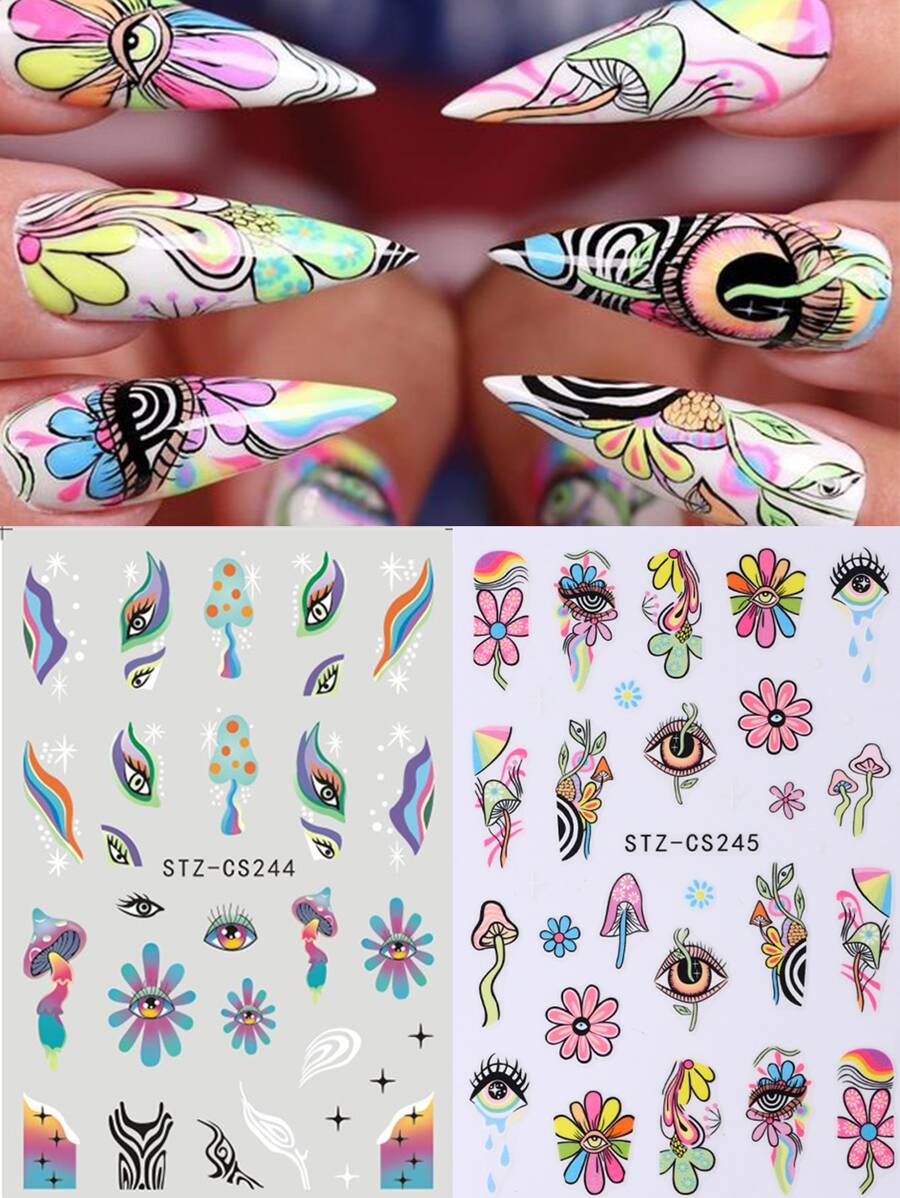 FULL BEAUTY Halloween 2sheets Evil Eyes Nail Stickers Mushroom Decals ...