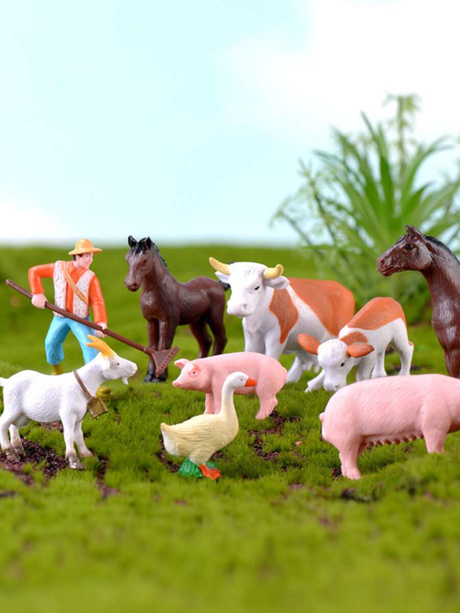 Random 6pcs PVC Craft Farm Animal Figurines Set, Farmer, Horse, Cow ...