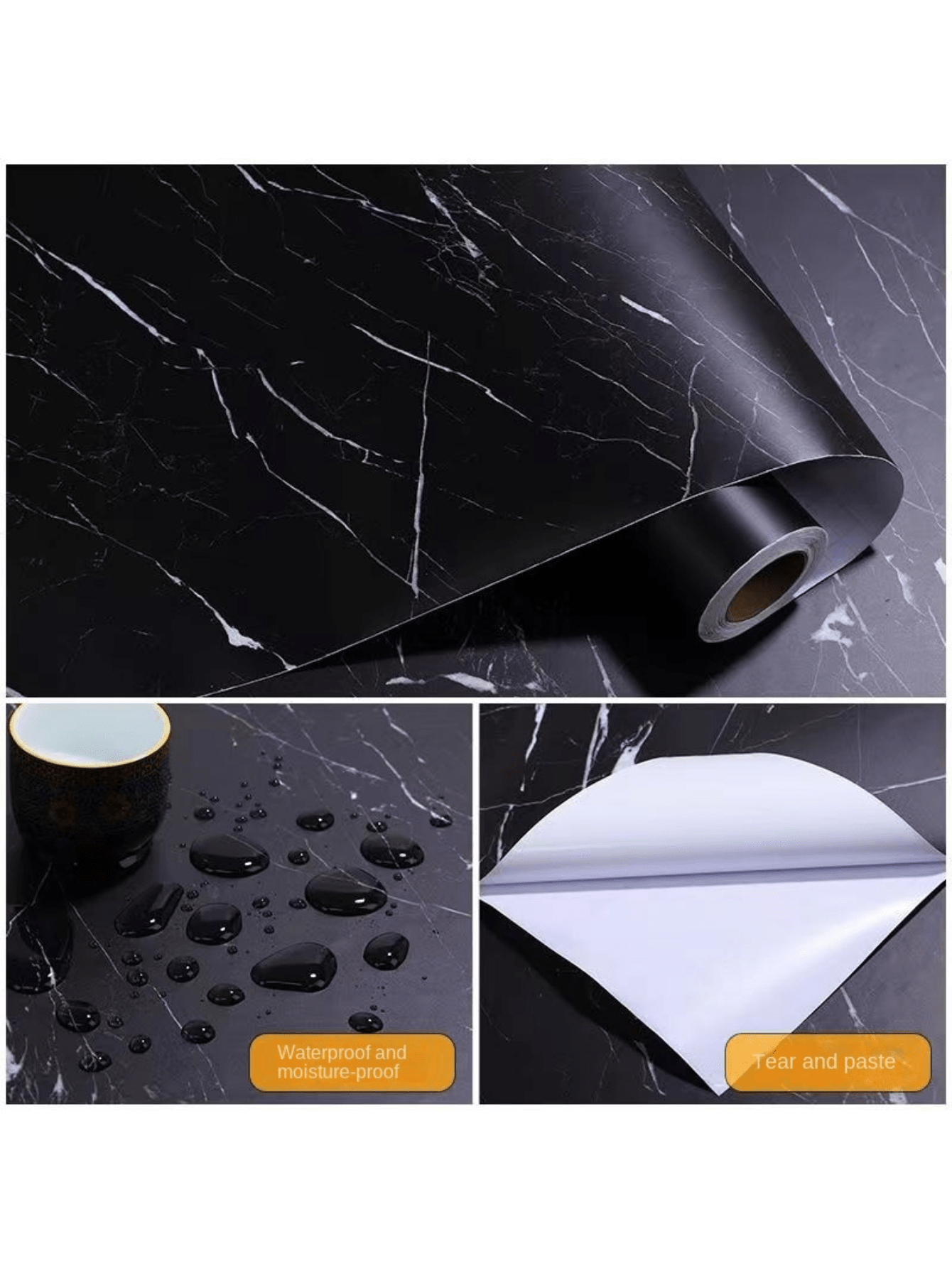 Épais Mat Noir Marbré contact En Papier Peler Et Bâton Amovible En PVC ...