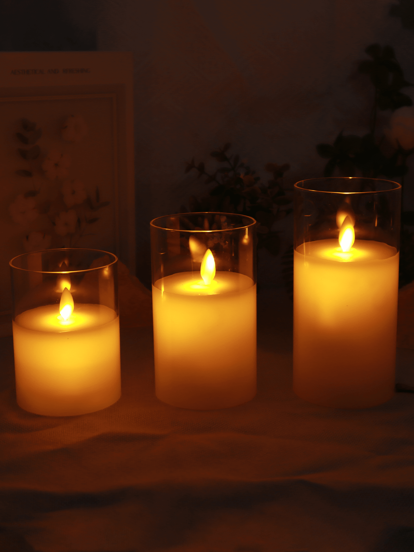 Set of 3 Clear Glass White Flameless Modern Transparent LED Flameless ...