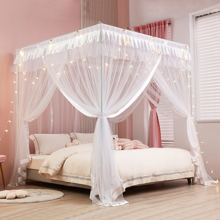 4 Corner Canopy Bed Curtains, 4 Opening Cozy Mosquito Net, Princess Bed ...