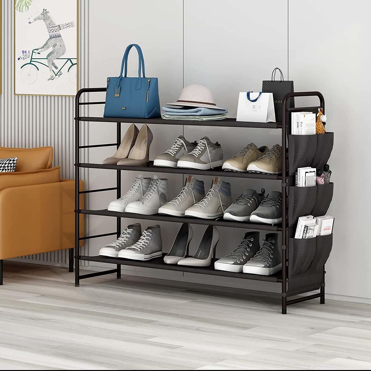 4 Tier Long Shoe Rack with Side Bag for Closet, Wide Shoe Storage ...