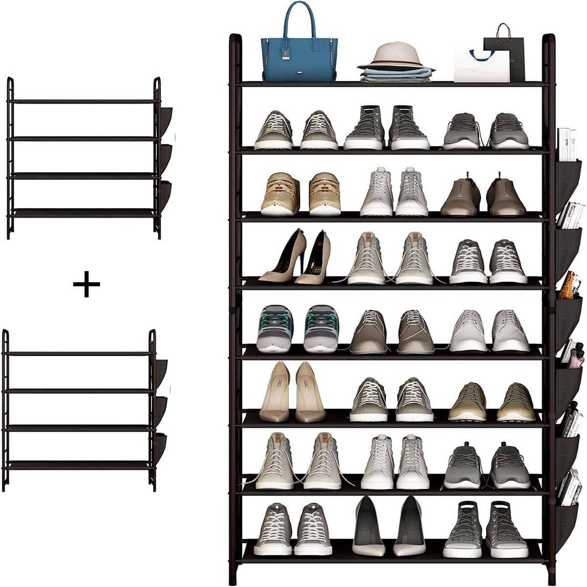 4 Tier Long Shoe Rack with Side Bag for Closet, Wide Shoe Storage ...