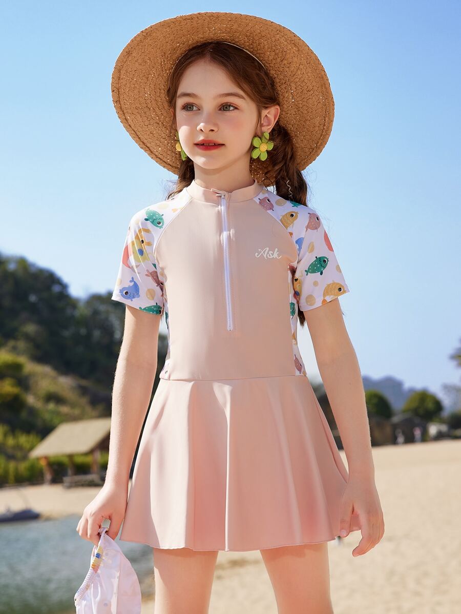 Tween Girl Cartoon Graphic Zipper Front One Piece Swimsuit | SHEIN USA