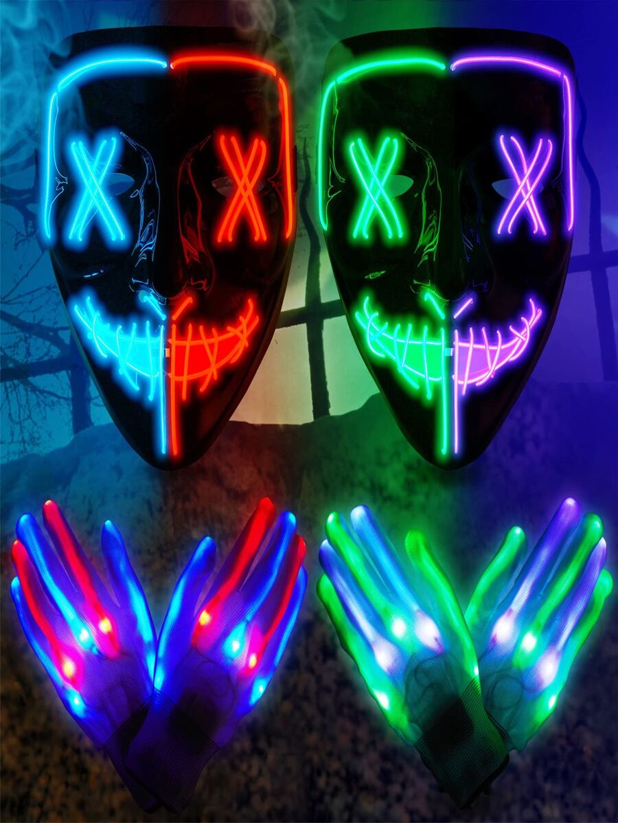 2PACK Halloween Led Mask skeleton Gloves Set ,Light Up Scary Mask Purge ...