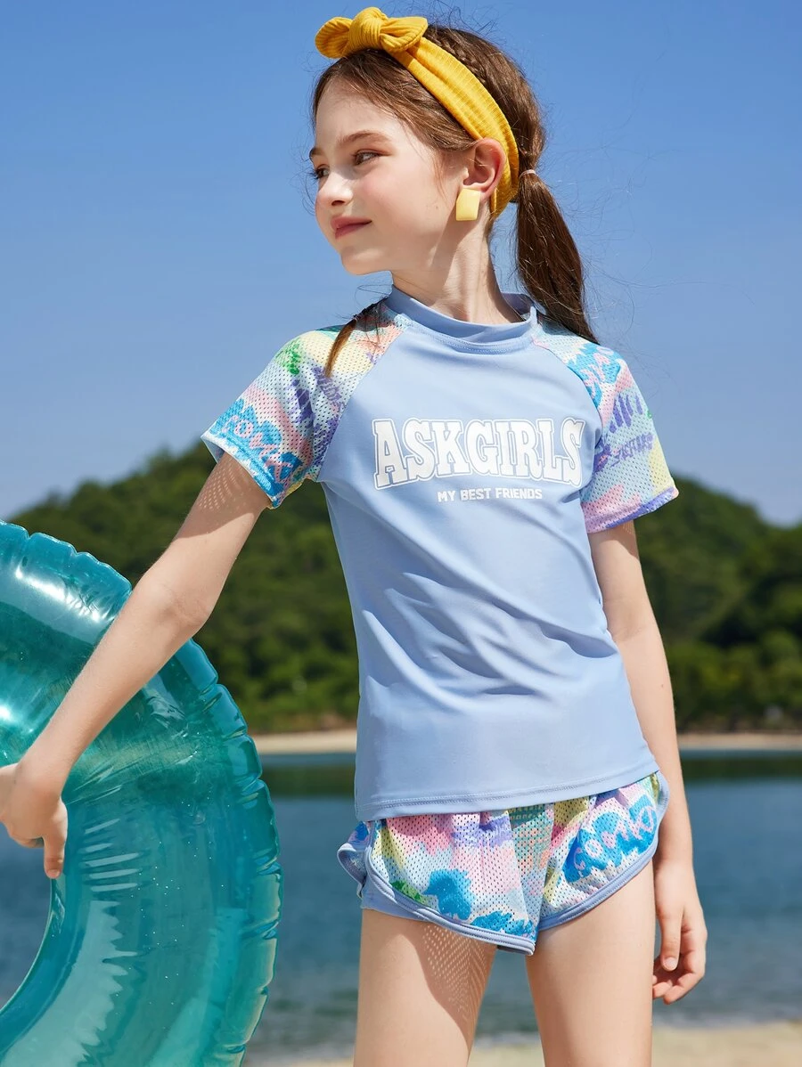 Tween Girl 2pcs/Set Leisure Tankini Set With Swim Cap For Summer Summer ...