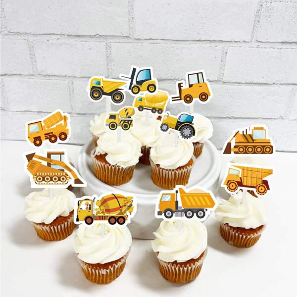 12PCS Construction Cupcake Toppers Dump Truck Excavator Tractor Cake ...