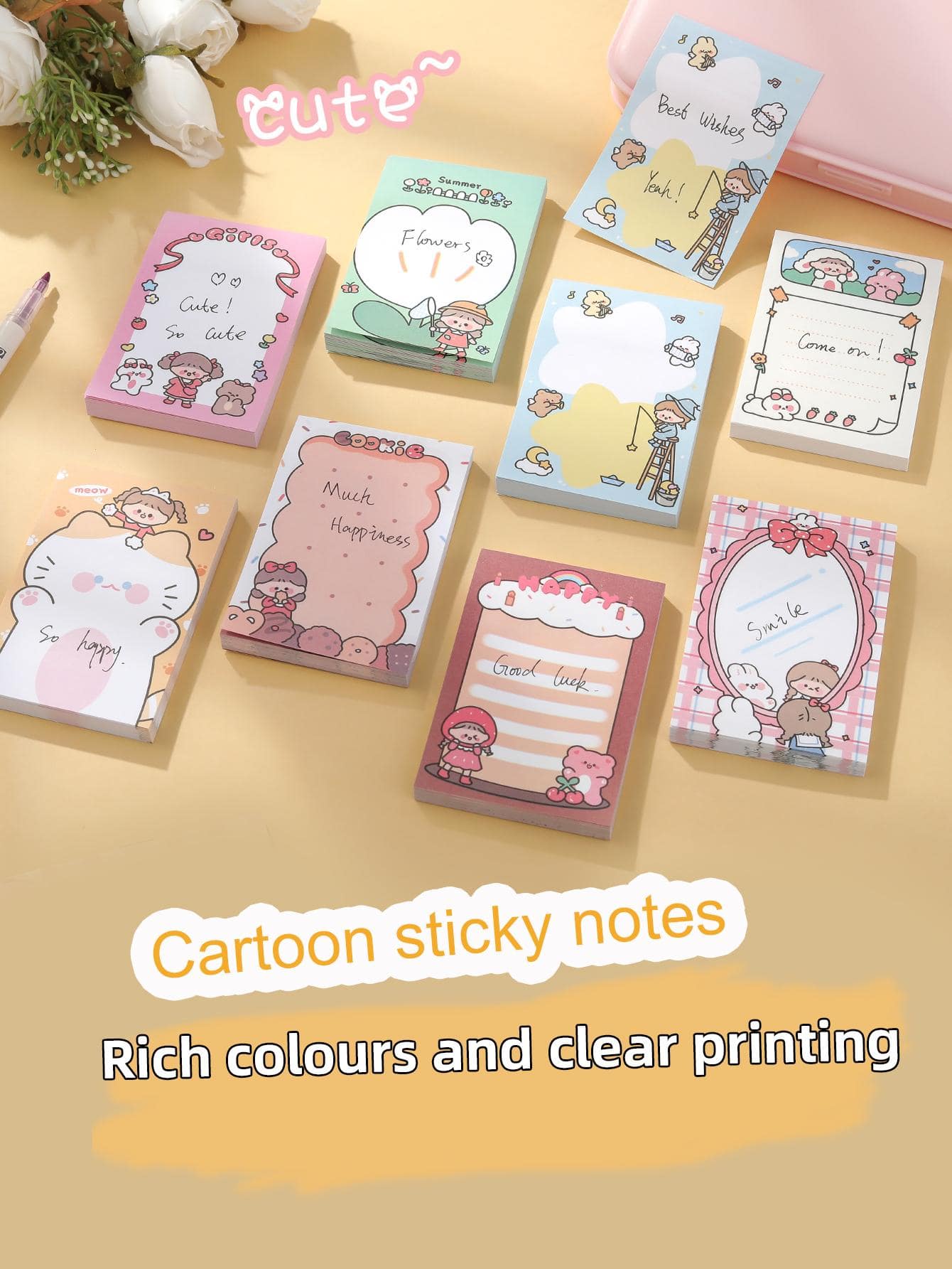 Cartoon Sticky Notes Set, Including Memo Pad, Page Markers And Notebook ...