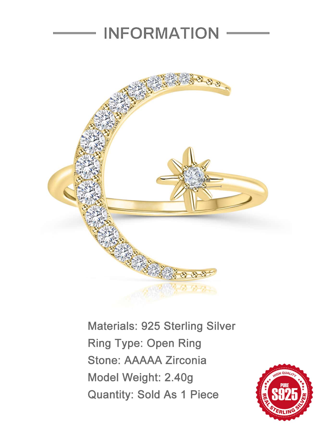 1pc Moon Stars Cubic Zirconia S925 Sterling Silver Open Ring Women Fashionable Ring | SHEIN USA