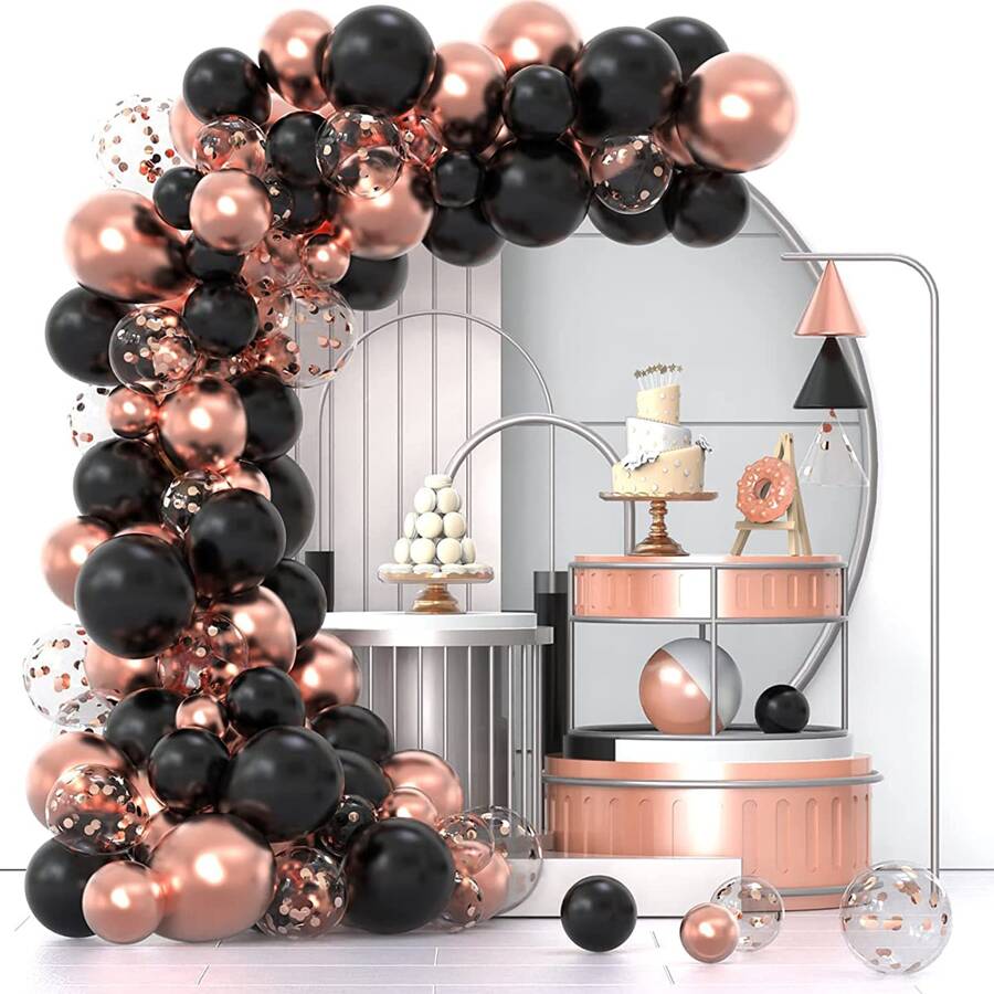 120pcs Black Rose Gold Metallic And Confetti Latex Balloons Combination ...