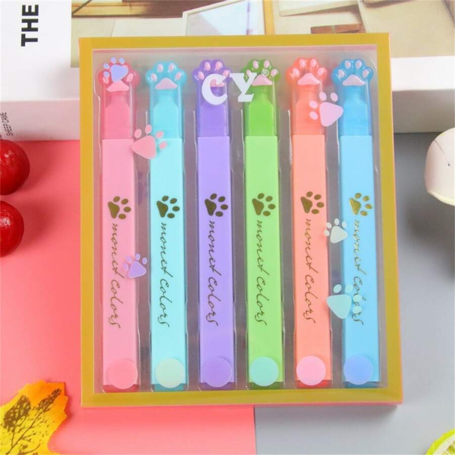 Cartoon Cat Paw Shaped Fluorescent Pen Set, Oblique Nib, Eye Protection ...