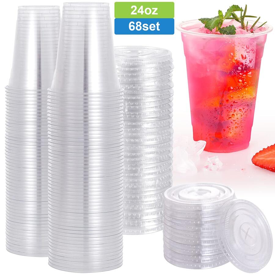 [68 Sets 24 oz Plastic cups with flat lids, Crystal Clear Disposable ...